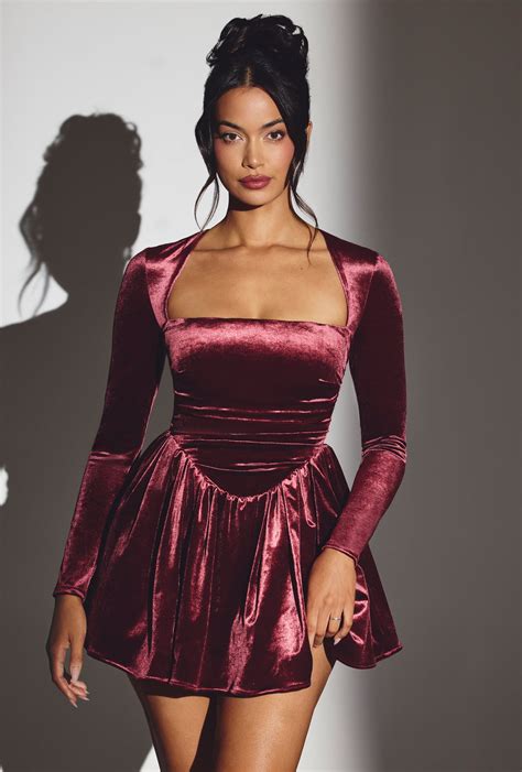 Tera Velvet Long Sleeve Corset Mini Dress In Wine Oh Polly