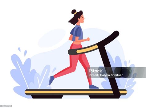 러닝머신에서 달리는 운동 여성 활성 스포츠 유산소 체육관의 컨셉 일러스트레이션 러닝머신에 대한 스톡 벡터 아트 및 기타 이미지