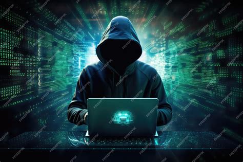 premium ai image hacker using laptop with binary code on dark