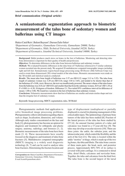 Pdf A Semiautomatic Segmentation Approach To Biometric Measurement Of The Talus Bone Of