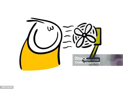 재밌는 스틱맨은 시원한 공기의 흐름 아래에 얼굴을 넣었습니다 벡터 일러스트 레이 션 팬이 달리고 있고 소년은 시원함을 즐기고