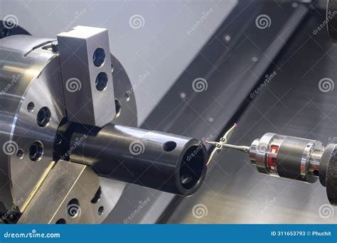 The Modular Touch Probe Checking The Tube Parts On Cnc Lathe Machine Stock Image Image Of
