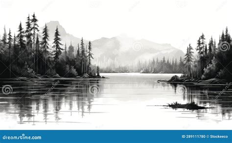 Black And White Lake Scene High Detail Vector Art Illustration Stock