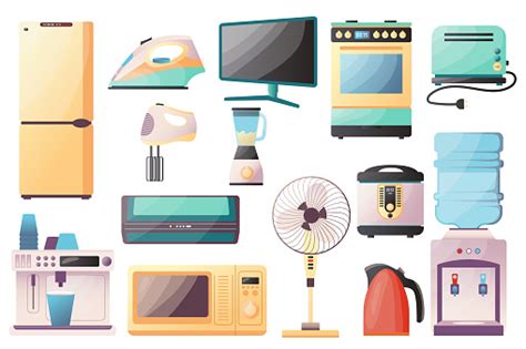 가정용 전자 제품 메가 세트 요소는 평면 그래픽 디자인입니다 냉장고 다리미 믹서 모니터 스토브 토스터 워터 쿨러 플로어 팬 기타의 수집 대상 벡터 일러스트 레이 션 0명에
