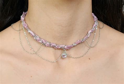 Pink Lace Choker Pink Cubic Zirconia Charm Stainless Steel Etsy