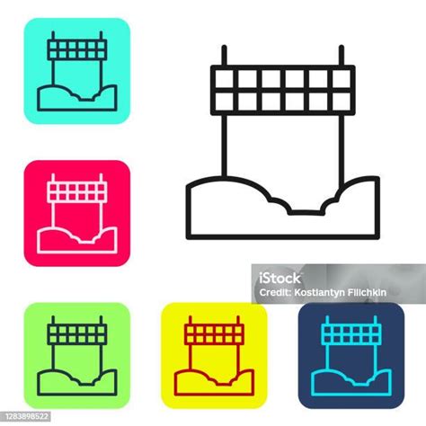 흰색 배경에 격리 된 결승선 아이콘의 검은 줄 리본 결승선의 상징 스포츠 기호 또는 비즈니스 개념 색상 정사각형 단추로 아이콘을 설정합니다 벡터 개념에 대한 스톡 벡터 아트