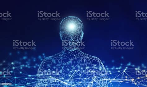 인간 파란색 배경에 연결 라인 미래 기술 개념 3 차원 일러스트 레이 션에에서 인공 지능 와이어 프레임 모델 인공지능에 대한