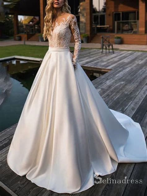A Line Scoop Long Sleeve Wedding Dresses White Satin Bridal Gowns Cbd3