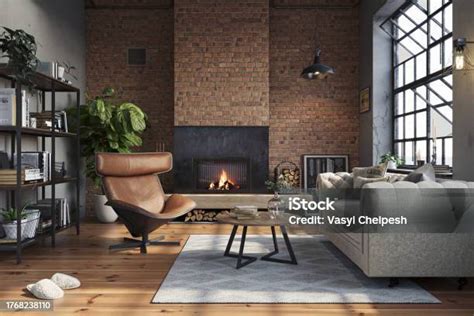 산업용 벽돌 거실 인테리어 디자인 벽난로와 나무 바닥이 있는 로프트 아파트 3d 렌더링 거실에 대한 스톡 사진 및 기타 이미지 거실 인더스트리얼 스타일 산업 Istock