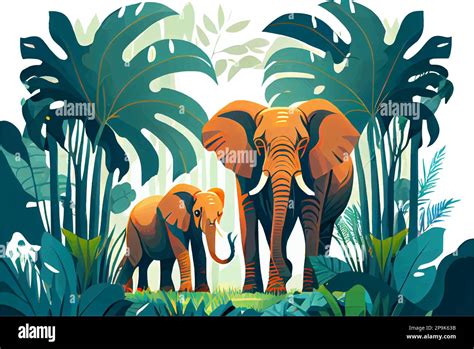 Vector Illustration Of Mother Elephant And Her Cub In The Jungle Stock