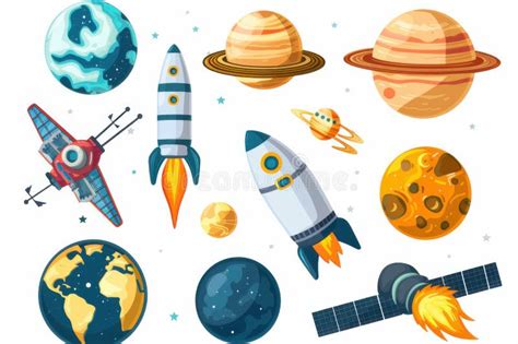 Colorful Space Themed Illustration Featuring Rockets Planets Satellites And Stars Perfect
