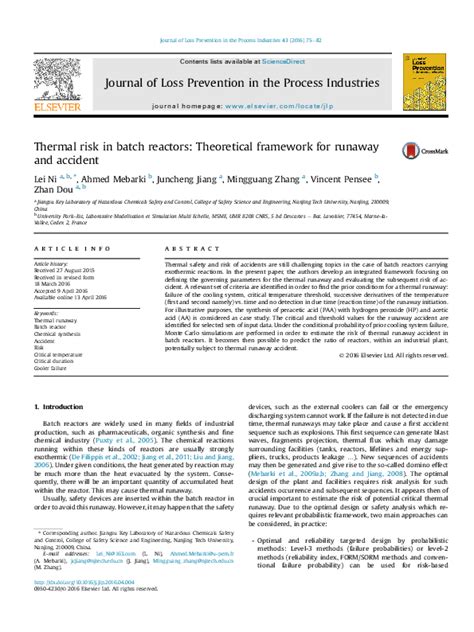 Pdf Thermal Risk In Batch Reactors Theoretical Framework For Runaway And Accident