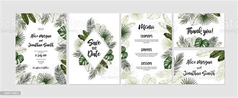 열 대 웨딩 컬렉션입니다 손바닥으로 초대장 단풍 손이 그린된 벡터 템플릿 인쇄 포스터 초대장 인사말 카드 등에 대 한 완벽 한