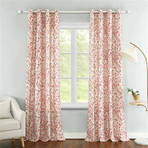 Vogol Red Leaf Print Curtains 84 Inches Long Linen