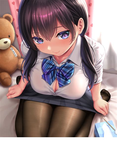 Rule 34 Bangs Black Hair Black Legwear Black Skirt Blue Bow Blue Eyes