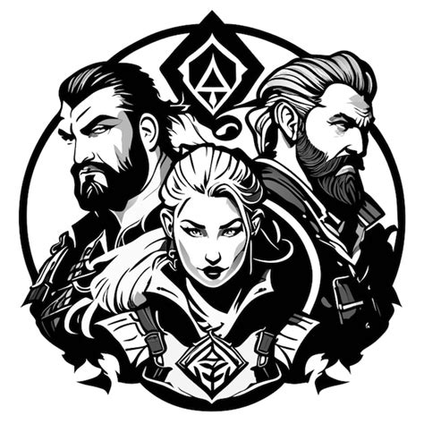 Três aventureiros de fantasia ilustração vetorial em preto e branco