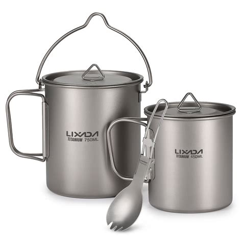 Lixada 경량 티타늄 3 피스 세트 티타늄 750ml 냄비 물컵 머그잔 접이식 스포크 야외 캠핑 하이킹 배낭 여행용