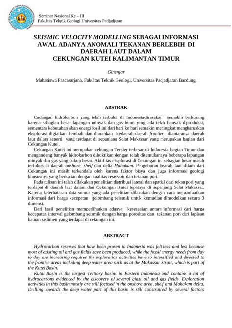 Pdf Seismic Velocity Modelling Sebagai Informasi … · Seismic Velocity