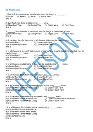 Ms Access Mcq Questions Microsoft Office Pdf