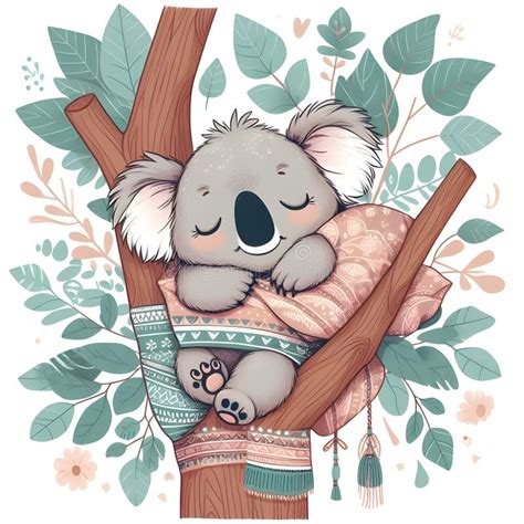 Cartoon Koala Sleeping On Tree With Eucalyptus Leaves Stock Illustration Illustration Of