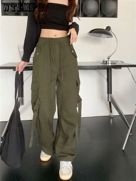 Wtempo 캐주얼 카고 바지 스트리트웨어 Y2k 와이드 레그 팬츠 빈티지 하이 웨이스트 스포츠 바지 스트레이트 루즈 팬츠 Aliexpress
