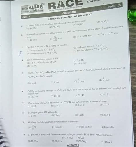 Unit 1 Some Basic Concept Of Chemistry 1 To Make 001 Mole Which Of T