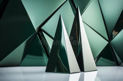Three Triangular Shaped Objects In Front Of A Green Wall Stock