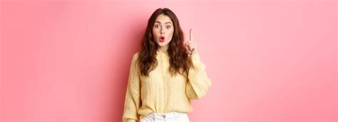 Free Photo Excited Young Brunette Girl Pitching An Idea Raising