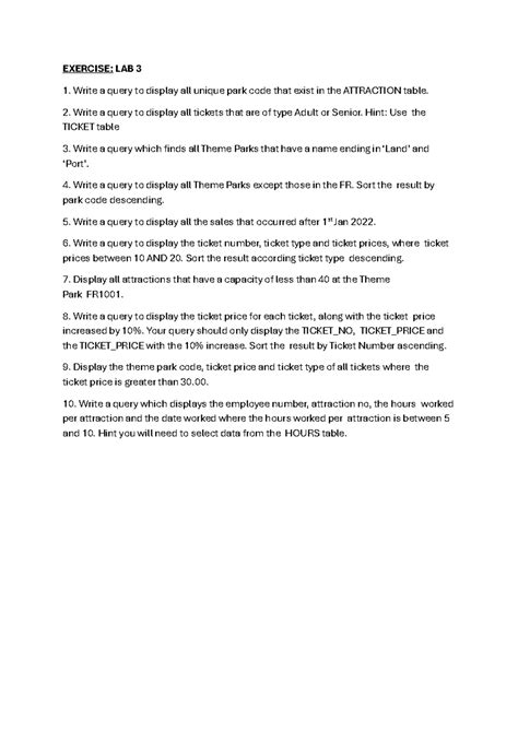 Lab3 Lab3 Exercise For Exercise Lab 3 Write A Query To Display All Unique Park Code That