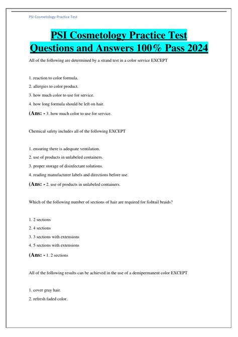 PSI Cosmetology Practice Test Questions And Answers 100 Pass 2024
