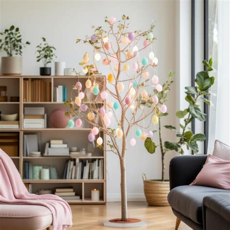 Premium Photo Minimalist Easter Egg Tree Illuminated By Soft Pastel String Lights