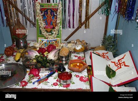 Shrine With Offerings To The Hindu Goddess Lakshmi For Laxmi Pooja Stock Photo Royalty Free
