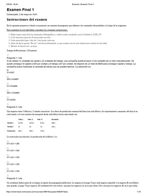 Investigacion De Operaciones 2024 Examen Examen Final 1 Descargar Gratis Pdf Business