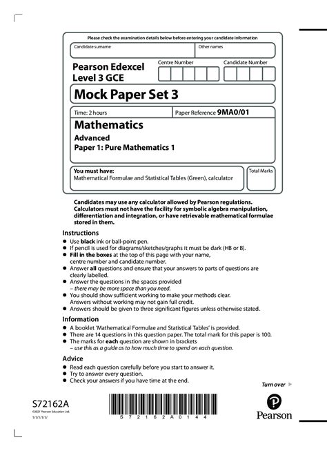 Pearson Edexce Mathematics 9ma0 01 Al Mock Set 3 Question Paper 2021 Pure Mathematics 1
