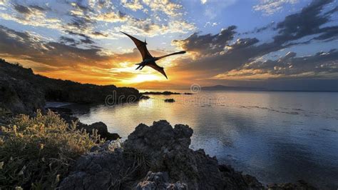 Majestic Pteranodon Soars Over Serene Coastal Sunset Capturing Nature S Beauty In High