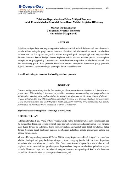Pdf Pelatihan Kepemimpinan Dalam Mitigasi Bencana Untuk Pemuda Marbot