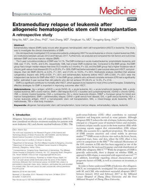 Pdf Extramedullary Relapse Of Leukemia After Allogeneic Hematopoietic