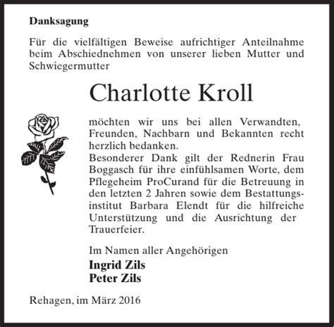 Traueranzeigen Von Charlotte Kroll Trauer Anzeigende