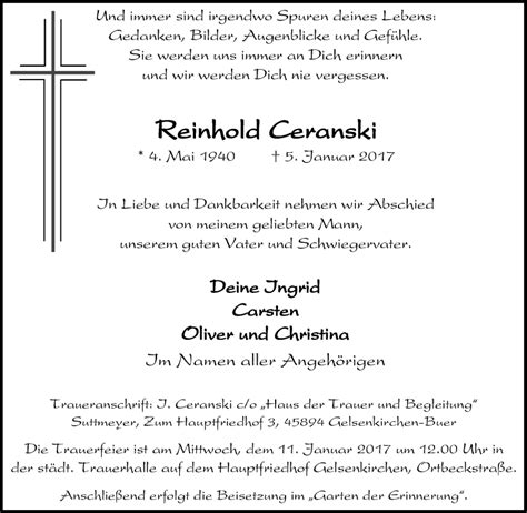 Traueranzeigen Von Reinhold Ceranski Trauer In Nrw De