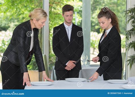 Team Waiters Setting Up Tables At Restaurant Stock Image Image Of People Service 283607265