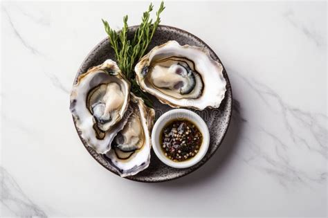Delicious Oysters On The Half Shell Served With Mignonette Sauce In A