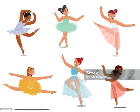 우아한 작은 발레리나 소녀 캐릭터 세트가 투투에서 빙빙 돌며 모든 섬세한 움직임으로 마음을 사로잡습니다 발레 댄서에 대한 스톡 벡터 아트 및 기타 이미지 Istock
