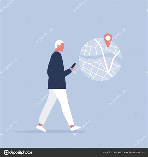 Young Male Character Using Navigational App Map Geo Tag Millennials