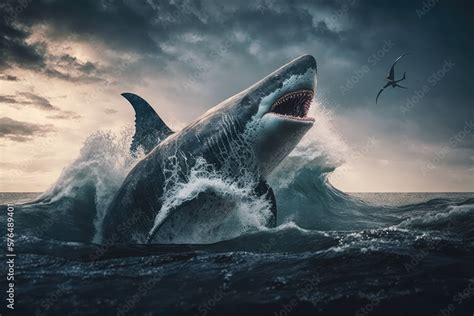 ภาพประกอบสต็อก A Huge Megalodon Shark Jumps Out Of The Sea Waves