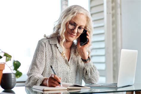 Phone Call Writing And Senior Woman With Laptop Project And Planning