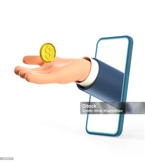 만화 사업가의 3d 그림은 스마트 폰 화면을 통해 금 달러 동전에 손을 뻗어 온라인 신용 뱅킹 모바일 응용 프로그램 전자 상거래의 개념 휴대전화에 대한 스톡 사진 및 기타