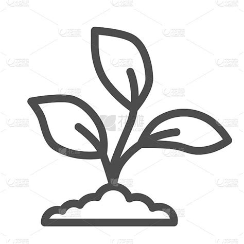 花园幼苗生长在一个地面线图标，自然概念，植物芽标志在白色的背景，年轻的生长与树叶图标在轮廓风格的移动素材 花瓣网