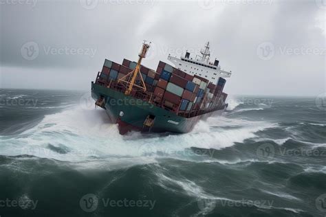 Wrecked Cargo Ship With Conatiners In Stormy Sea With Large Waves