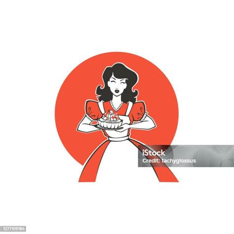 Güzellik Retro Pinup Karikatür Kız Lezzetli Bir Lezzetli Pasta Tutan Logo Etiket Amblem Için
