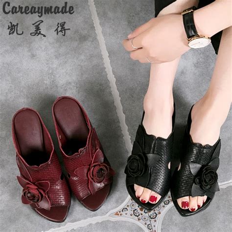 Careaymade 여름 여성 민족 스타일 정품 가죽 슬리퍼 두꺼운 사각형 물고기 입 증가 아름다움 다리 슬리퍼 색 leather slippers style